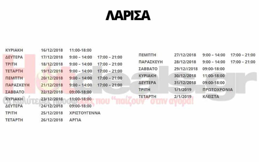 ΕΟΡΤΑΣΤΙΚΟ ΩΡΑΡΙΟ ΧΡΙΣΤΟΥΓΕΝΝΩΝ 2018 (ΑΝΑ ΠΟΛΗ) | Ωράρια Λειτουργίας